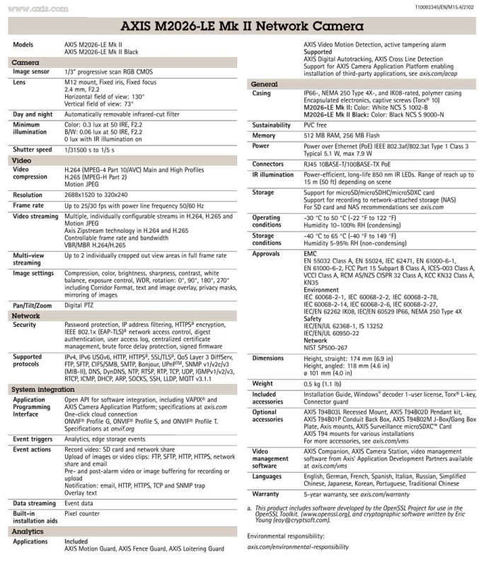 AXIS M2026-LE Mk II Network Camera